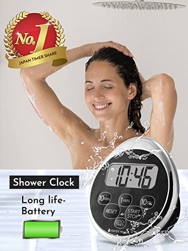 dretec Digital Timer Water Proof Shower Timer Shower Clock Bathroom Kitchen Timer Magnetic Backing Silver Black Officially Tested in Japan (1starter Lithium Battery Included)