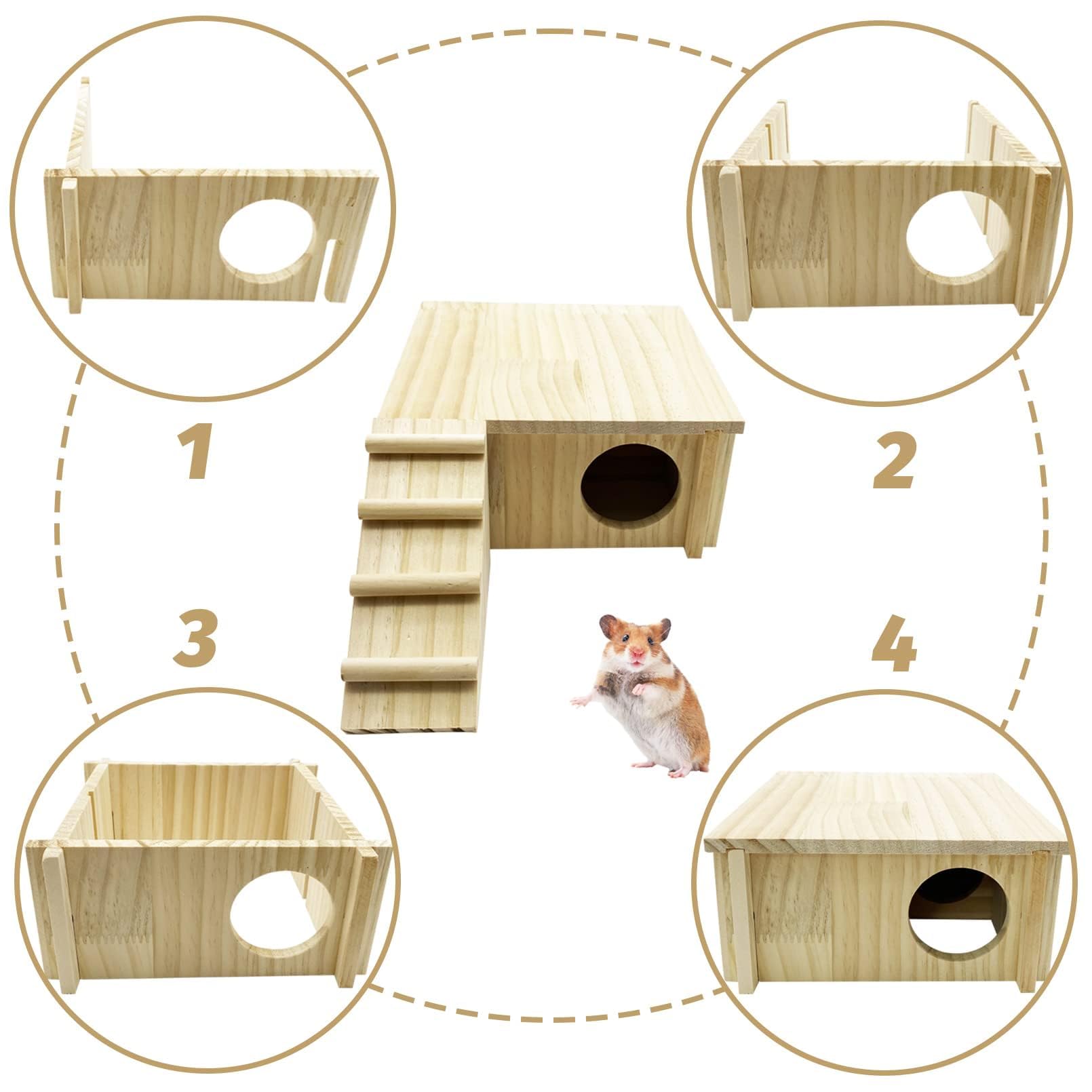 Hamster Wooden House with Ladder Small Animal Hideout Activity Platform Exercise Climbing Hut Natural Living Wood Room for Hamster Gerbil Mice Rat.