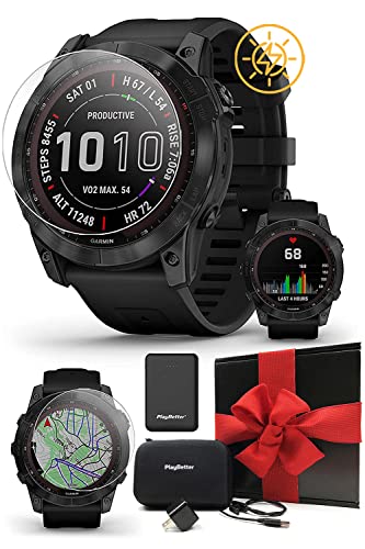 PlayBetter Garmin Fenix 7X Sapphire Solar (Black DLC Titanium) Multisport GPS Smartwatch Gift Box Bundle - Training, Sleep/Health Tracking - includes Screen Protectors, Adapter, Charger & Case