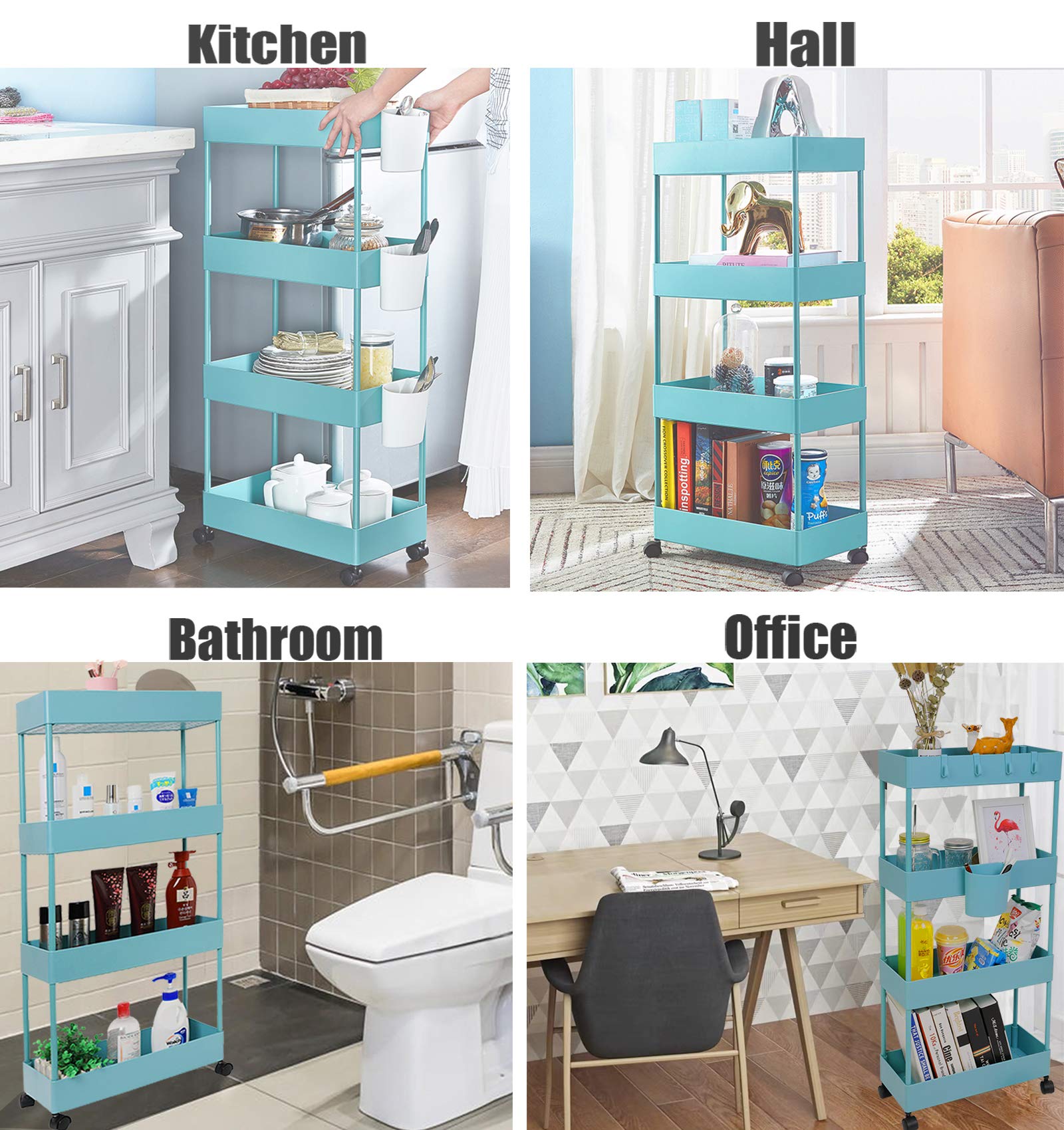 AYVANBER 4 Tier Slim Rolling Utility Kitchen Cart Bathroom Organizer for Narrow Places Multipurpose Storage Shelve Mobile Trolley for Bedroom Laundry Office Restaurant Garage Pantry (Teal)
