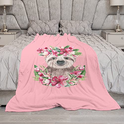 Watercolor Cartoon Sloth Throw Blanket for Couch Bed Flannel Lap Blanket Lightweight Cozy Plush Blanket for All Seasons 50"x70"