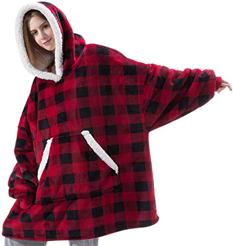 FLYCHEN Blanket Hoodie Blanket Oversized Wearable Sherpa Hoodie with 2 Pockets Red Plaid