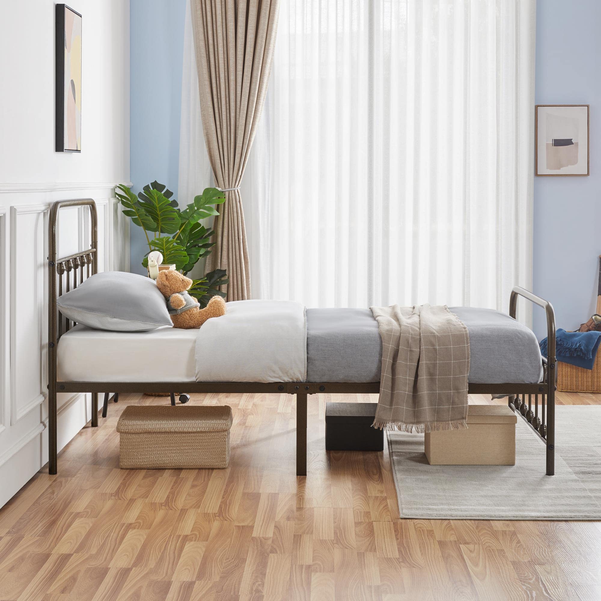 Topeakmart Twin Size Victorian Style Metal Bed Frame with Headboard/Mattress Foundation/No Box Spring Needed/Under Bed Storage/Strong Slat Support Bronze
