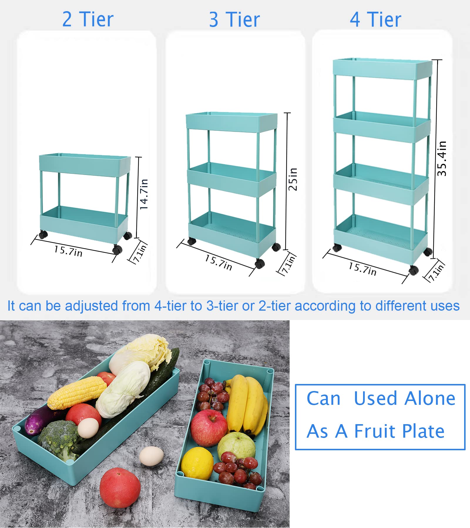 AYVANBER 4 Tier Slim Rolling Utility Kitchen Cart Bathroom Organizer for Narrow Places Multipurpose Storage Shelve Mobile Trolley for Bedroom Laundry Office Restaurant Garage Pantry (Teal)