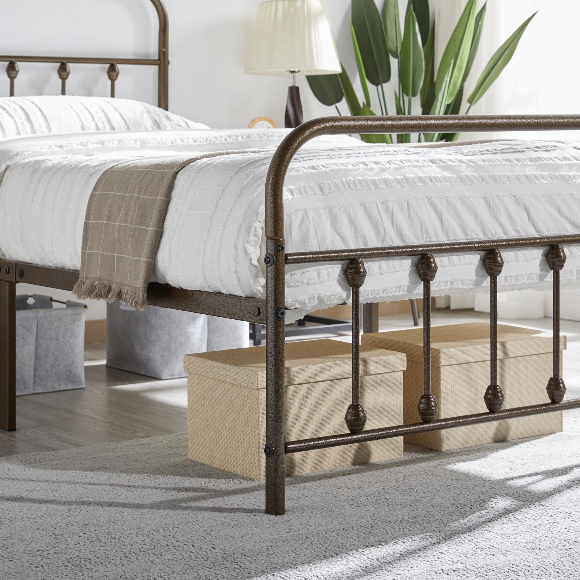 Topeakmart Twin Size Victorian Style Metal Bed Frame with Headboard/Mattress Foundation/No Box Spring Needed/Under Bed Storage/Strong Slat Support Bronze