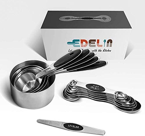 EDELIN Measuring Cups and Magnetic Measuring Spoons Set, Stainless Steel 5 Cups and 7 Spoons and 1 Levele (13set)