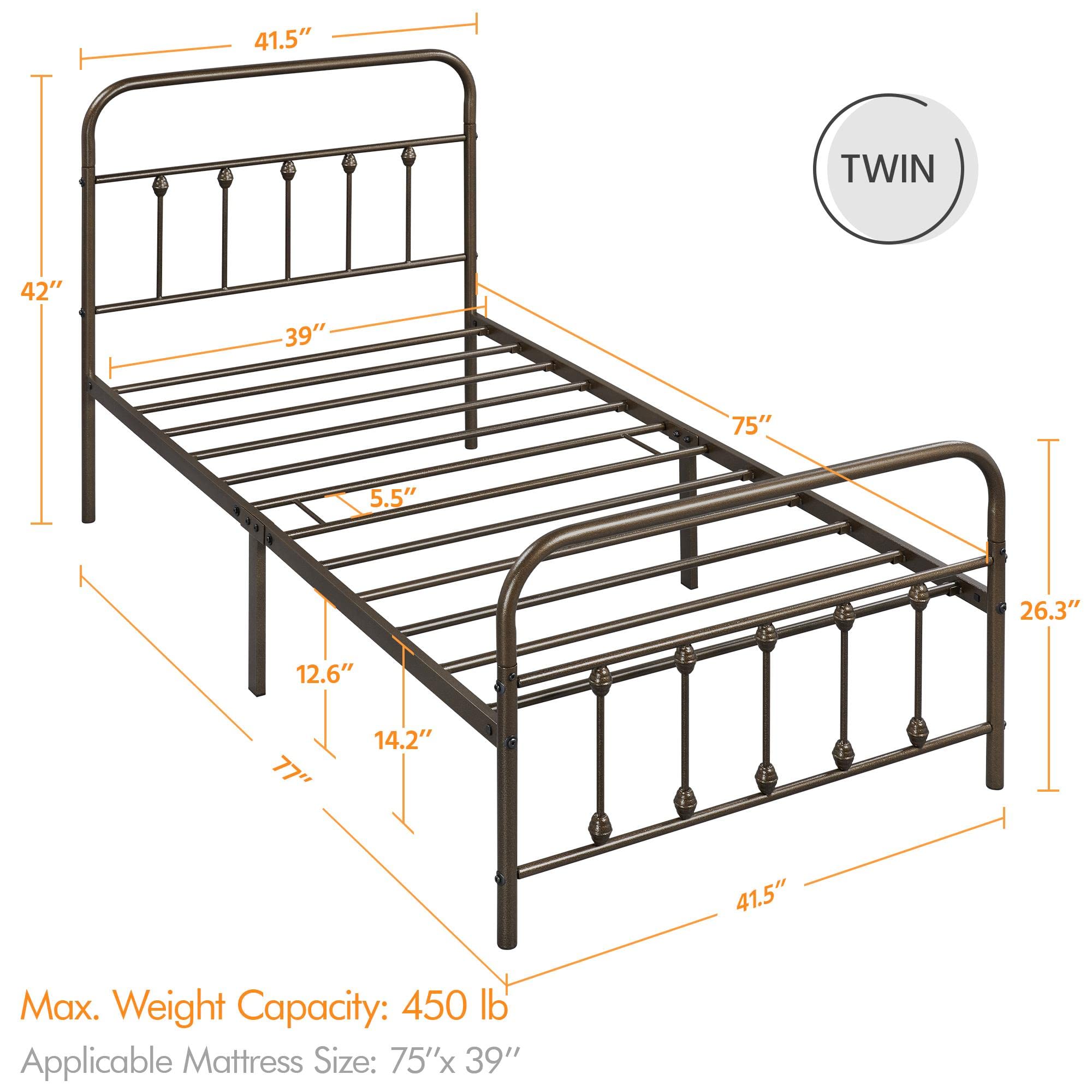 Topeakmart Twin Size Victorian Style Metal Bed Frame with Headboard/Mattress Foundation/No Box Spring Needed/Under Bed Storage/Strong Slat Support Bronze