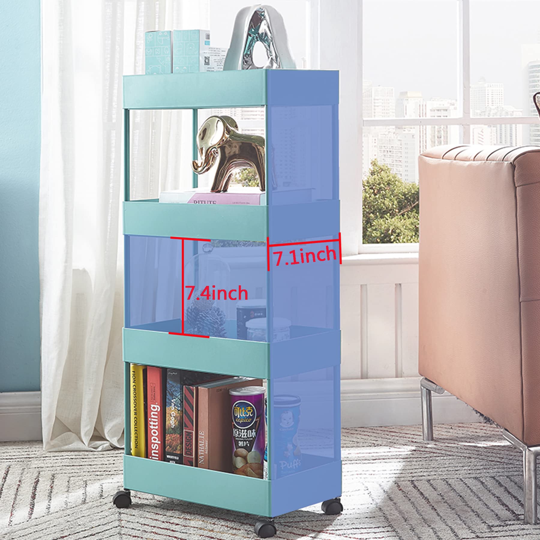 AYVANBER 4 Tier Slim Rolling Utility Kitchen Cart Bathroom Organizer for Narrow Places Multipurpose Storage Shelve Mobile Trolley for Bedroom Laundry Office Restaurant Garage Pantry (Teal)