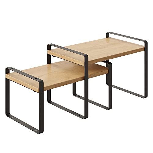 HILINSIE Cabinet Organizer Shelf- Set of 2 Kitchen Counter Shelves, Expandable Spice Racks, Stackable Counter Top Shelf, Engineered Wood and Metal, 7.7 x 11.6 x 14 Inches, Natural and Black