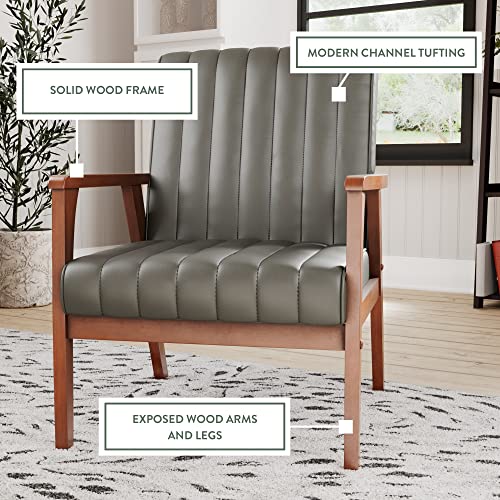Edenbrook Carlton Exposed Wooden Arm Accent Chair for Living Room-Real Wood-Modern Channeled Tufting, Gray