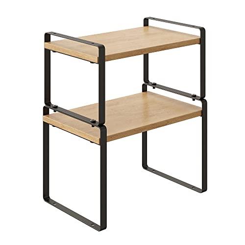 HILINSIE Cabinet Organizer Shelf- Set of 2 Kitchen Counter Shelves, Expandable Spice Racks, Stackable Counter Top Shelf, Engineered Wood and Metal, 7.7 x 11.6 x 14 Inches, Natural and Black