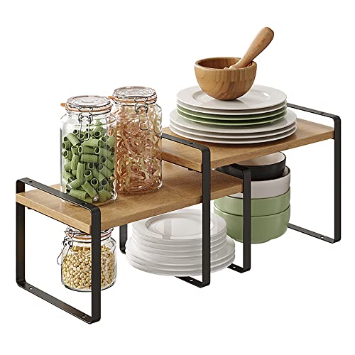 HILINSIE Cabinet Organizer Shelf- Set of 2 Kitchen Counter Shelves, Expandable Spice Racks, Stackable Counter Top Shelf, Engineered Wood and Metal, 7.7 x 11.6 x 14 Inches, Natural and Black