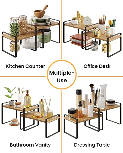 HILINSIE Cabinet Organizer Shelf- Set of 2 Kitchen Counter Shelves, Expandable Spice Racks, Stackable Counter Top Shelf, Engineered Wood and Metal, 7.7 x 11.6 x 14 Inches, Natural and Black