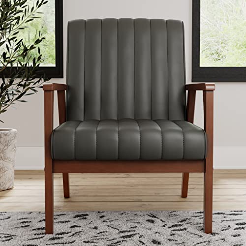 Edenbrook Carlton Exposed Wooden Arm Accent Chair for Living Room-Real Wood-Modern Channeled Tufting, Gray