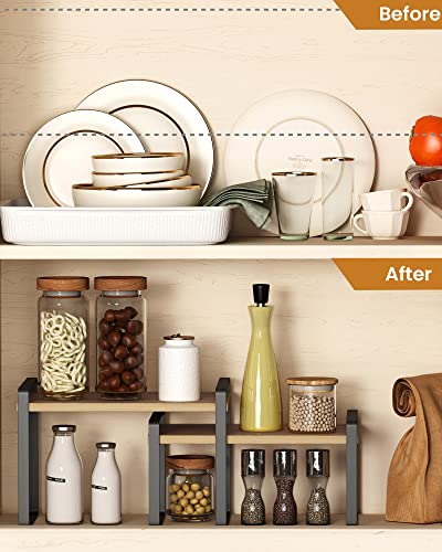 HILINSIE Cabinet Organizer Shelf- Set of 2 Kitchen Counter Shelves, Expandable Spice Racks, Stackable Counter Top Shelf, Engineered Wood and Metal, 7.7 x 11.6 x 14 Inches, Natural and Black