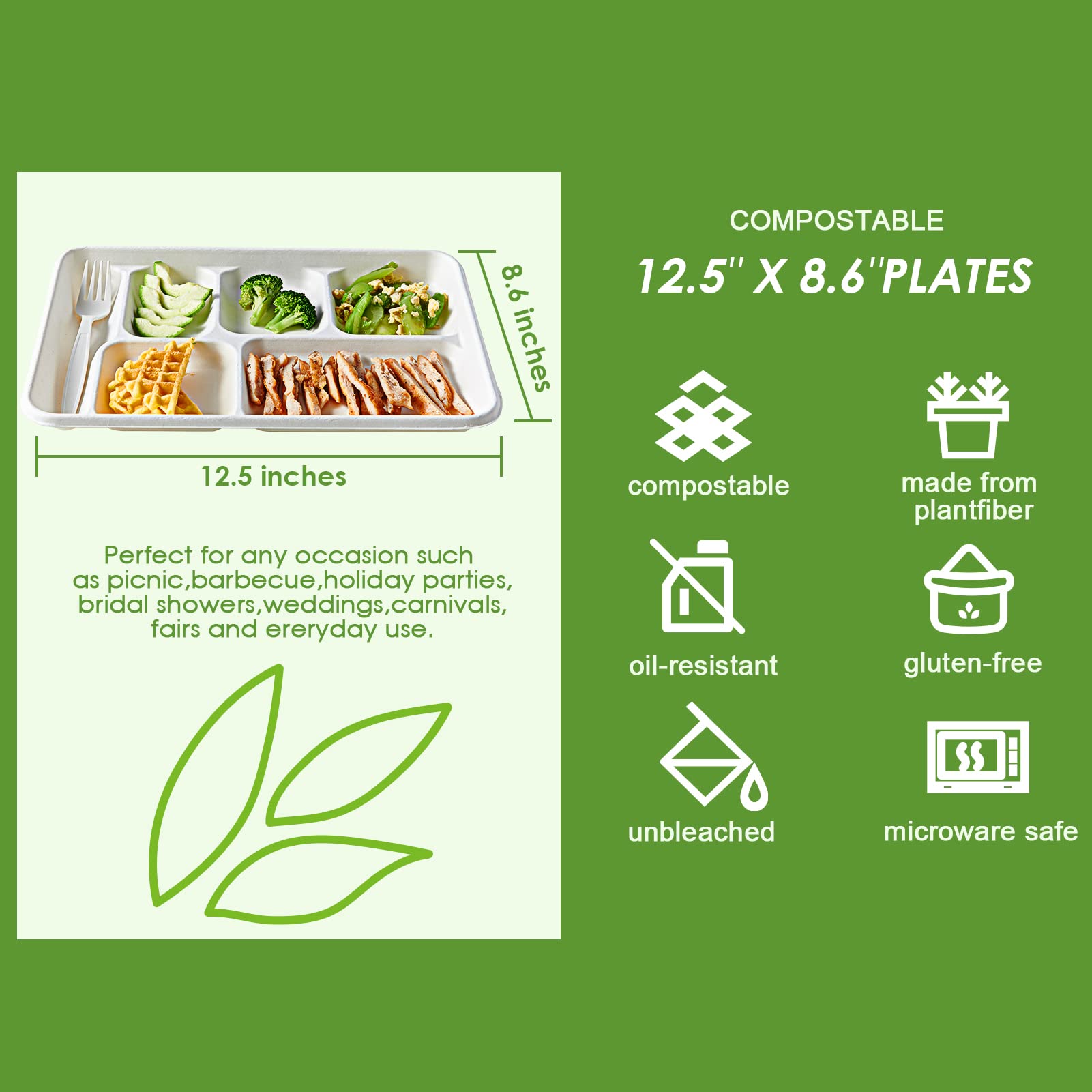 Vplus 100% Compostable 6 Compartment Plates, 90 Pack Compartment Paper Plate, 12.5x8.6 inch Disposable School Lunch Trays, Eco-Friendly Bagasse Plates for School Lunch, Buffet, and Party