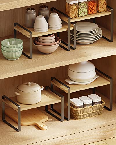 HILINSIE Cabinet Organizer Shelf- Set of 2 Kitchen Counter Shelves, Expandable Spice Racks, Stackable Counter Top Shelf, Engineered Wood and Metal, 7.7 x 11.6 x 14 Inches, Natural and Black