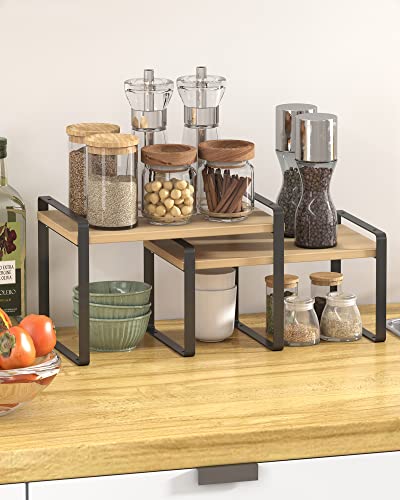 HILINSIE Cabinet Organizer Shelf- Set of 2 Kitchen Counter Shelves, Expandable Spice Racks, Stackable Counter Top Shelf, Engineered Wood and Metal, 7.7 x 11.6 x 14 Inches, Natural and Black