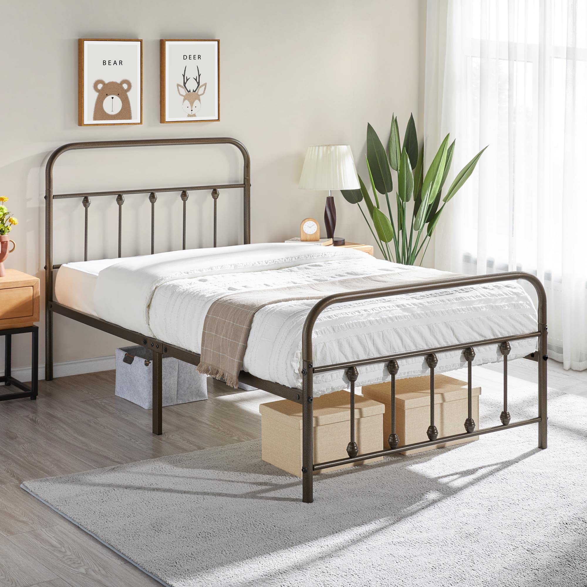 Topeakmart Twin Size Victorian Style Metal Bed Frame with Headboard/Mattress Foundation/No Box Spring Needed/Under Bed Storage/Strong Slat Support Bronze