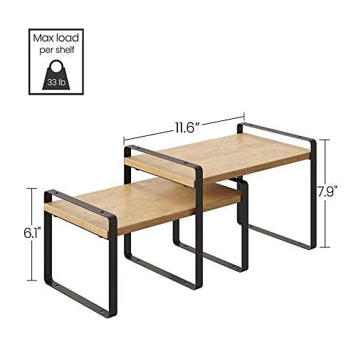 HILINSIE Cabinet Organizer Shelf- Set of 2 Kitchen Counter Shelves, Expandable Spice Racks, Stackable Counter Top Shelf, Engineered Wood and Metal, 7.7 x 11.6 x 14 Inches, Natural and Black