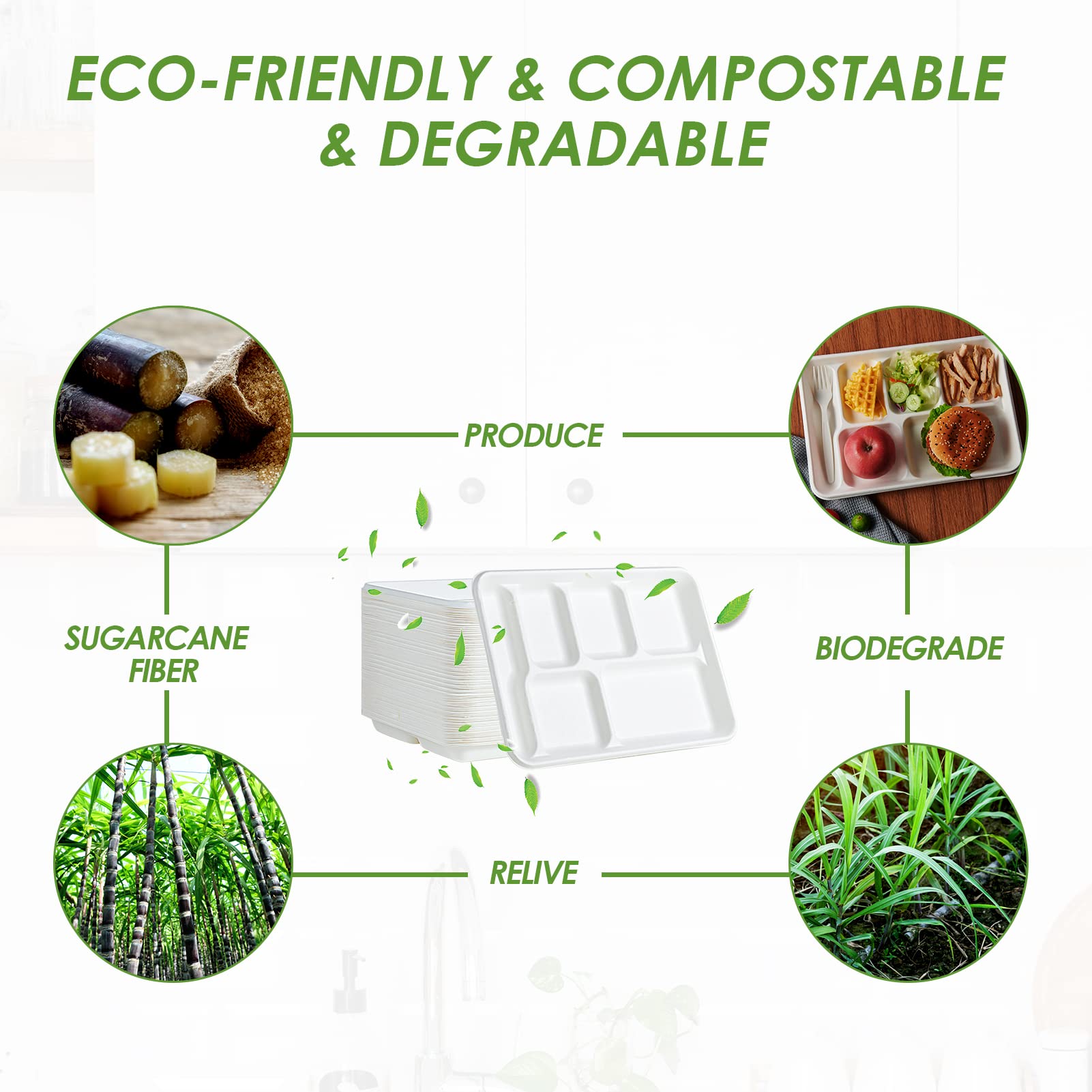 Vplus 100% Compostable 6 Compartment Plates, 90 Pack Compartment Paper Plate, 12.5x8.6 inch Disposable School Lunch Trays, Eco-Friendly Bagasse Plates for School Lunch, Buffet, and Party