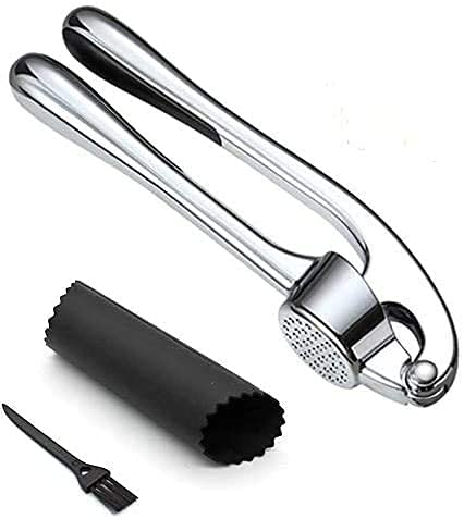 Garlic Press, Stainless Steel Garlic Press Tool with Cleaning Brush and Silicone Garlic Peeler 3 Pcs By Lechay