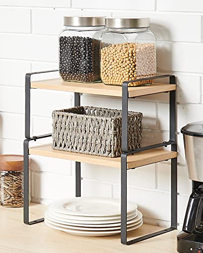 HILINSIE Cabinet Organizer Shelf- Set of 2 Kitchen Counter Shelves, Expandable Spice Racks, Stackable Counter Top Shelf, Engineered Wood and Metal, 7.7 x 11.6 x 14 Inches, Natural and Black