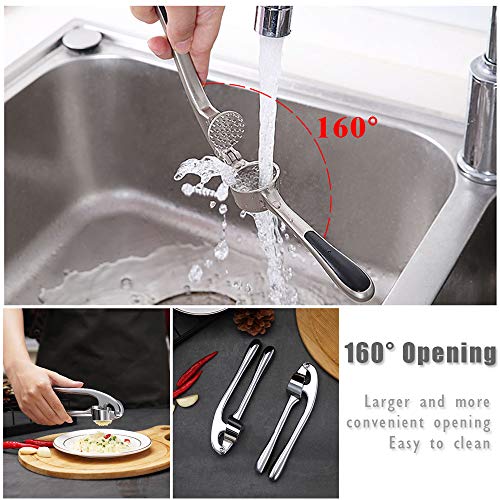 Garlic Press, Stainless Steel Garlic Press Tool with Cleaning Brush and Silicone Garlic Peeler 3 Pcs By Lechay