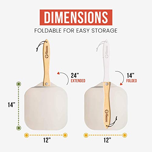 Chef Pomodoro Aluminum Metal Pizza Peel with Foldable Wood Handle for Easy Storage 12-Inch x 14-Inch, Gourmet Luxury Pizza Paddle for Baking Homemade Pizza Bread