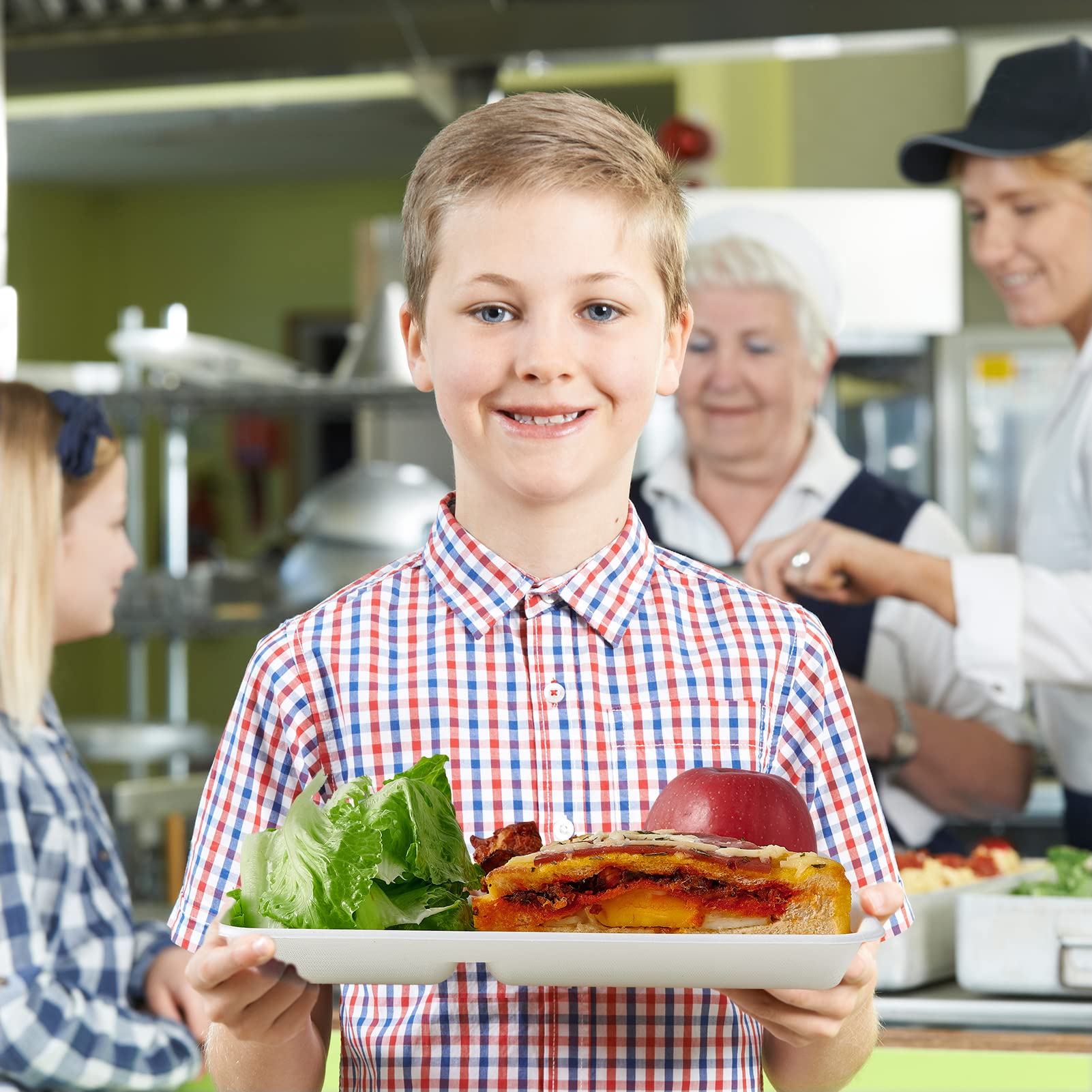 Vplus 100% Compostable 6 Compartment Plates, 90 Pack Compartment Paper Plate, 12.5x8.6 inch Disposable School Lunch Trays, Eco-Friendly Bagasse Plates for School Lunch, Buffet, and Party
