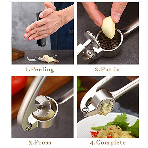 Garlic Press, Stainless Steel Garlic Press Tool with Cleaning Brush and Silicone Garlic Peeler 3 Pcs By Lechay