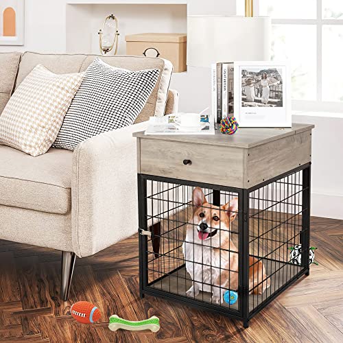 IDEALHOUSE Furniture Dog Crates, Style Wood Kennel End Table, House Indoor Use, Chew-Proof, Flip Top Storage, Casual Home Wooden Pet Crate, Crate Side Grey