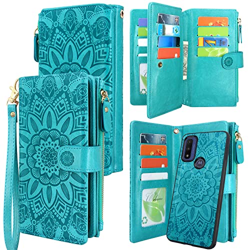 Harryshell Detachable Magnetic Zipper Wallet Leather Case with Cash Coin Pocket 12 Card Slots Holder Wrist Strap Lanyard for Motorola Moto G Pure/Moto G Power 2022 Flower (Blue Green)