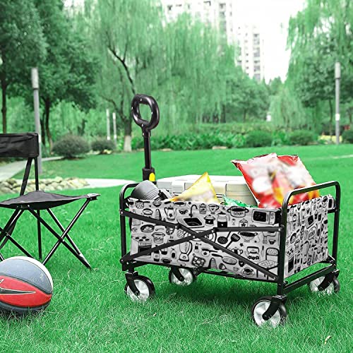 Collapsible Wagon Cart Set of Doodle Kitchen Tools on White Hand Drawn Cooking Icons Set Foldable Utility Wagon Large Capacity Garden Cart with Push Bar for Beach Camp Outdoor Shopping