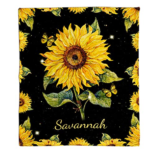 Toyshea Personalized Sunflower Blanket Name and Initial Letter Custom Throws Cozy Soft Blankets Fleece Sherpa for Women Girls Mom Daughter Grandma Kids Gift for Mother's Day Birthday Christmas