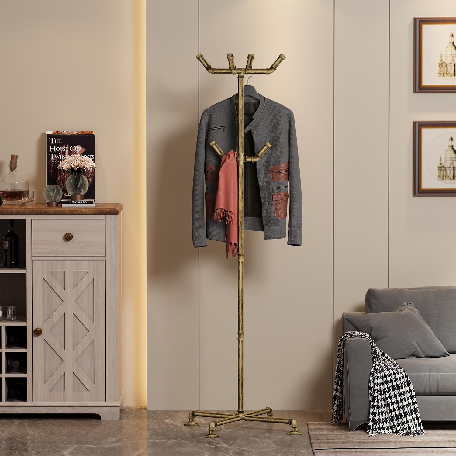 THRONKENGER Industrial Coat Rack, Metal Pipe Coat Rack Stand Freestanding with 6 Hooks, Heavy Duty Coat Tree Sturdy Coat Racks for Entryway, Hallway, Bedroom (Vintage gold)
