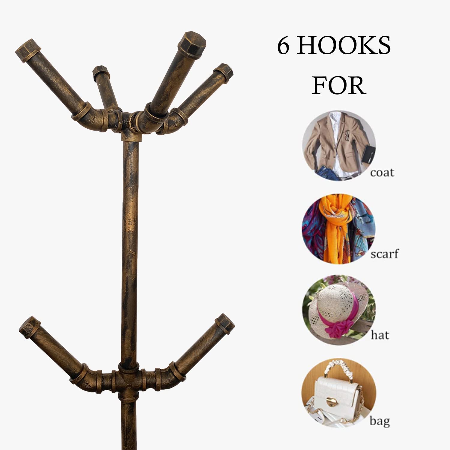 THRONKENGER Industrial Coat Rack, Metal Pipe Coat Rack Stand Freestanding with 6 Hooks, Heavy Duty Coat Tree Sturdy Coat Racks for Entryway, Hallway, Bedroom (Vintage gold)