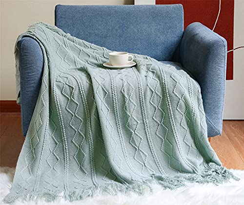 Jaimelavie Throw Blanket Knitted Decorative Blanket with Tassels, Throw Blanket for Couch, Bed, Living Room, Sofa and Chair, Soft Warm Travel Blanket for All Seasons, Aqua Green, 60“x80