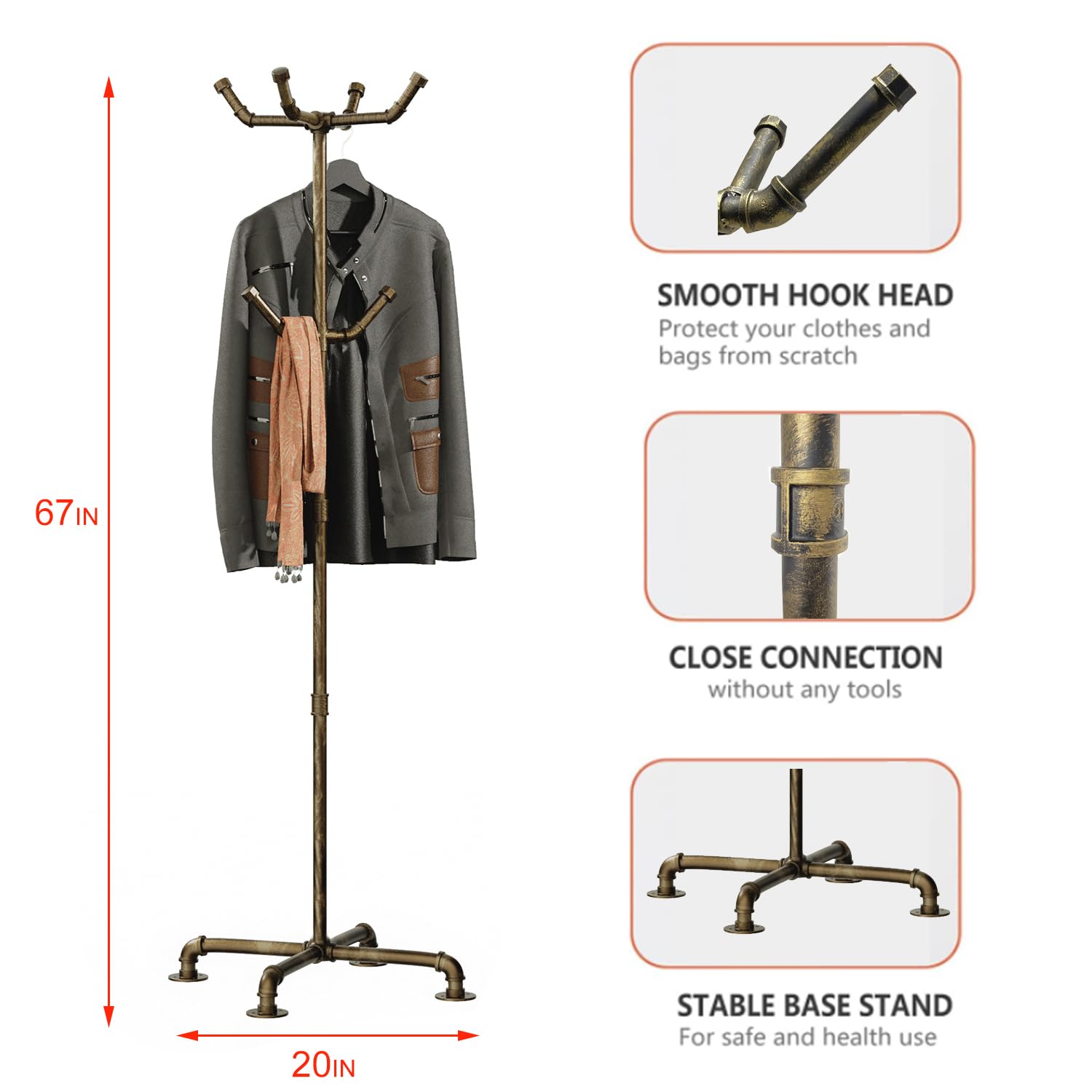 THRONKENGER Industrial Coat Rack, Metal Pipe Coat Rack Stand Freestanding with 6 Hooks, Heavy Duty Coat Tree Sturdy Coat Racks for Entryway, Hallway, Bedroom (Vintage gold)