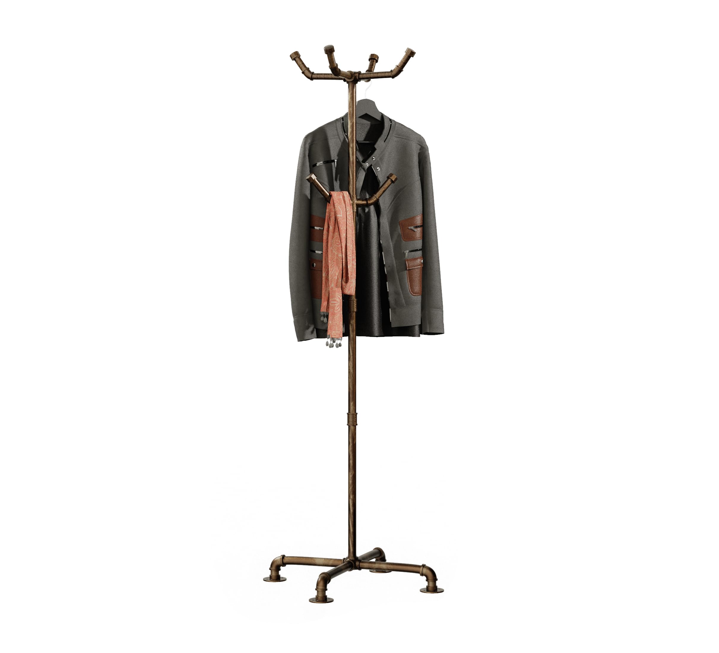 THRONKENGER Industrial Coat Rack, Metal Pipe Coat Rack Stand Freestanding with 6 Hooks, Heavy Duty Coat Tree Sturdy Coat Racks for Entryway, Hallway, Bedroom (Vintage gold)