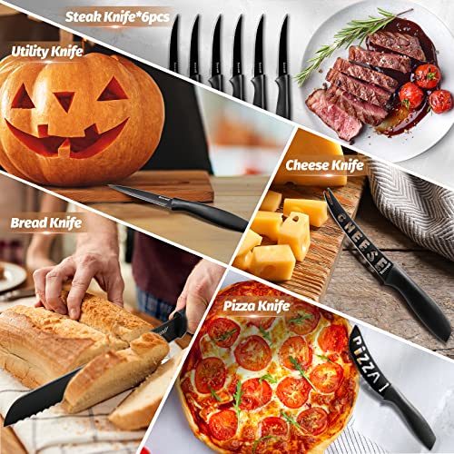 TICWELL Knife Set, 23 Pieces German Stainless Kitchen Knife Block Sets Include 3 PCS Toddler Kitchen Accessories,Black