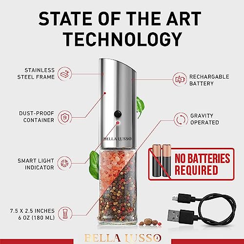 Gravity Electric Salt & Pepper Grinder Set - Adjustable Coarseness - Rechargeable Battery Powered - Refillable Glass Jars - Automatic Operation One Hand Spice Mill - Stainless Steel Kitchen Gadget
