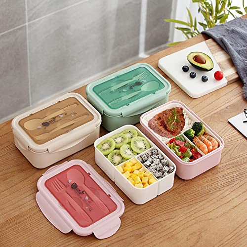 BIUWING Bento Lunch Box for adults 1400ml With Utensils, Insulated Lunch Bag Suitable for dining out 3-grid leak proof lunch box (Pink)