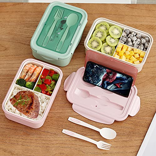 BIUWING Bento Lunch Box for adults 1400ml With Utensils, Insulated Lunch Bag Suitable for dining out 3-grid leak proof lunch box (Pink)