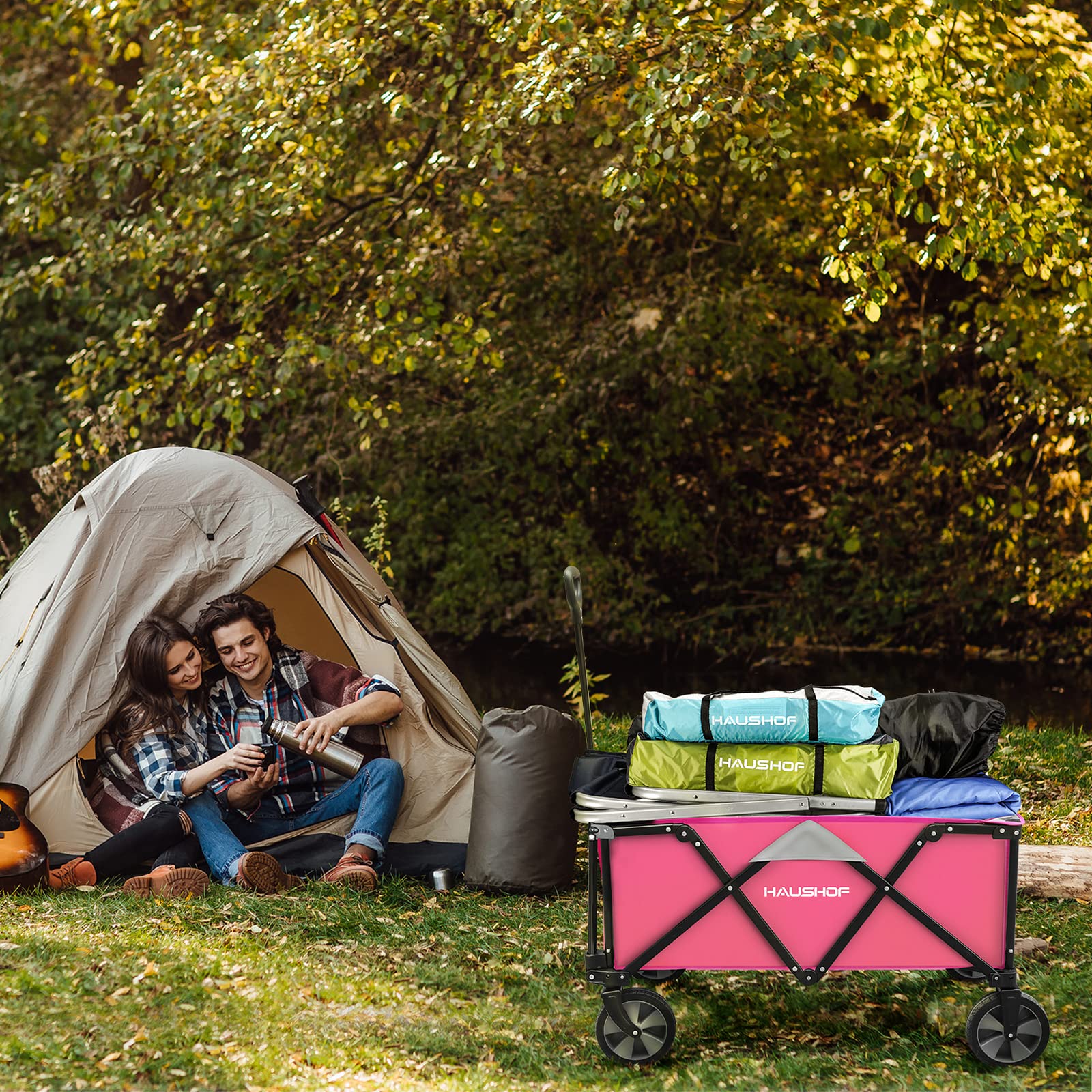 HAUSHOF Heavy Duty Collapsible Wagon, Folding Outdoor Utility Wagon, Camping Garden Beach Cart with Universal Quick Release Wheels, Adjustable Handle, 176 lbs Load Capacity, Pink