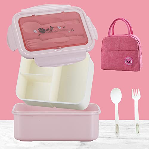 BIUWING Bento Lunch Box for adults 1400ml With Utensils, Insulated Lunch Bag Suitable for dining out 3-grid leak proof lunch box (Pink)