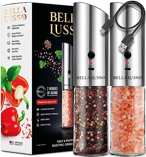 Gravity Electric Salt & Pepper Grinder Set - Adjustable Coarseness - Rechargeable Battery Powered - Refillable Glass Jars - Automatic Operation One Hand Spice Mill - Stainless Steel Kitchen Gadget