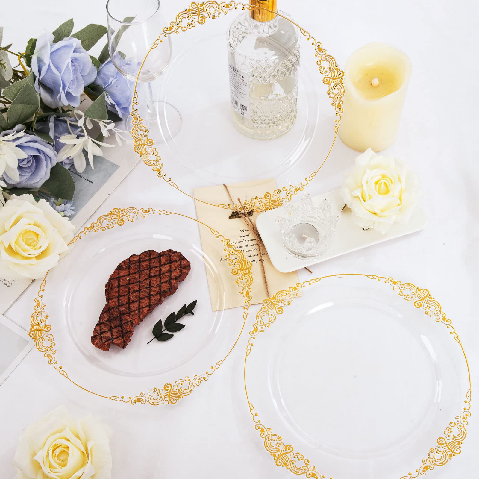 Morejoy 100 Pieces Gold Plastic Plates - Clear Gold Disposable Plates - 10.25inch Clear Plastic Dinner Plates With Gold Rim for Weddings & Parties & Shower