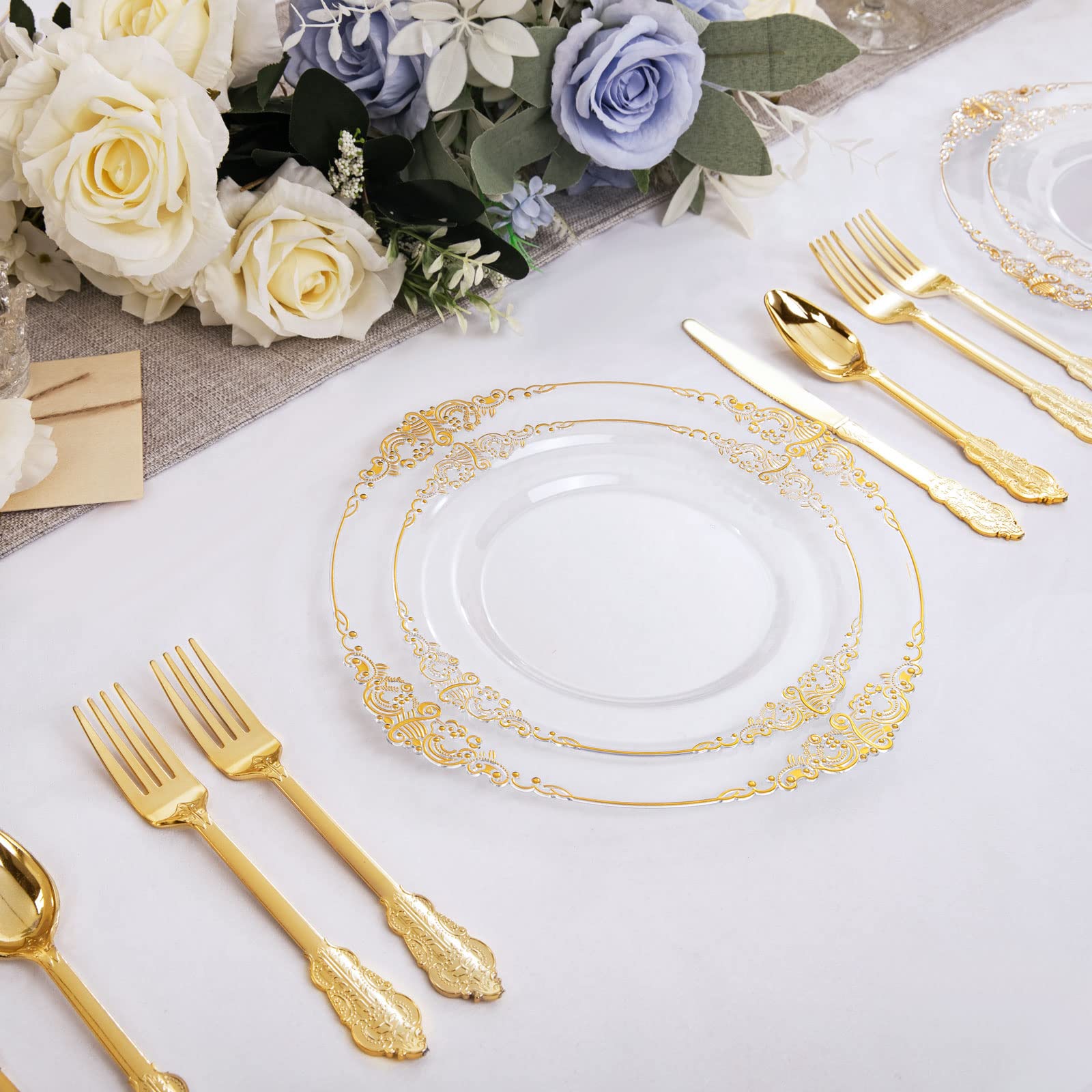 Morejoy 100 Pieces Gold Plastic Plates - Clear Gold Disposable Plates - 10.25inch Clear Plastic Dinner Plates With Gold Rim for Weddings & Parties & Shower