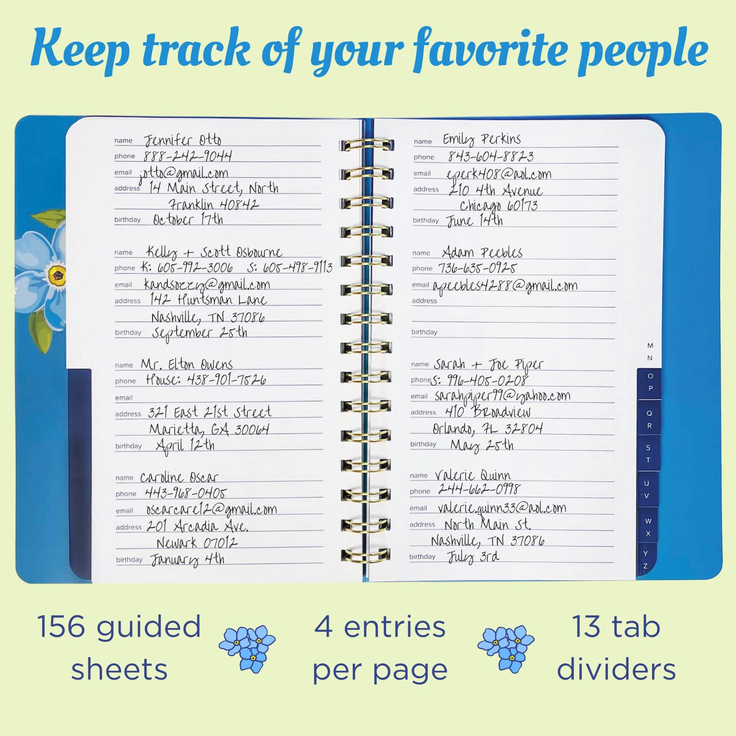 Steel Mill & Co Address Book with Alphabetical Tabs, Spiral Bound Contact Book, Blue Floral Personal Organizer, 8 x 6, Forget Me Not